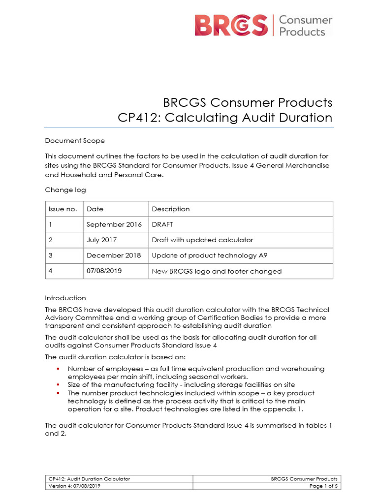 Cp412 Brcgs Consumer Products Audit Duration Calculator v4 07082019 | PDF | Audit | Auditor's Report