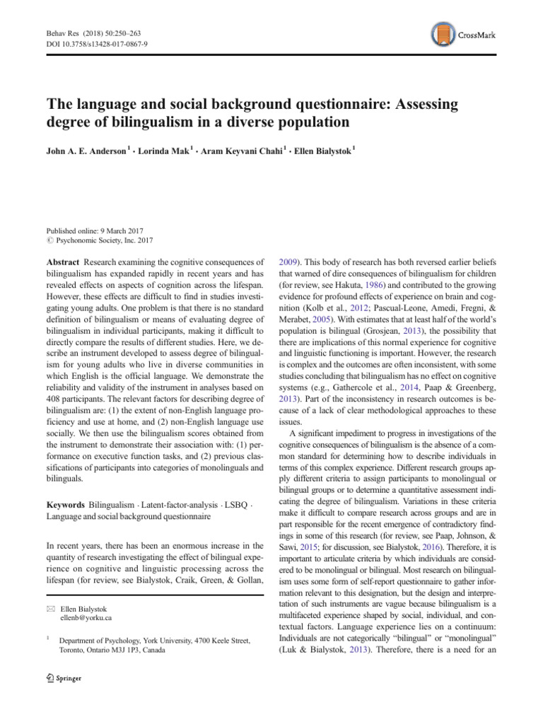 The language and social background questionnaire: Assessing degree of ...