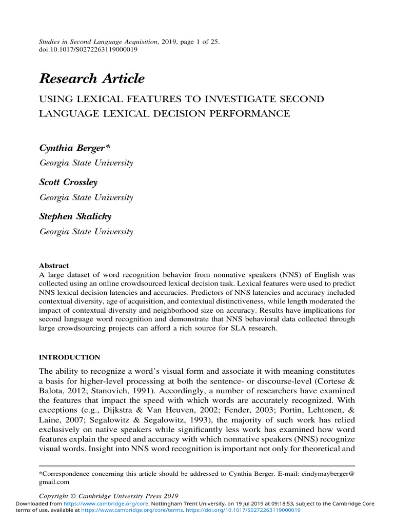 Using Lexical Features To Investigate Second Language Lexical Decision Performance | PDF ...