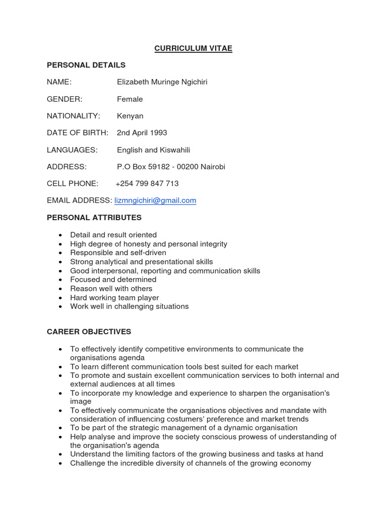 Liz Ngichiri - CV (1) | PDF | Advertising | Communication