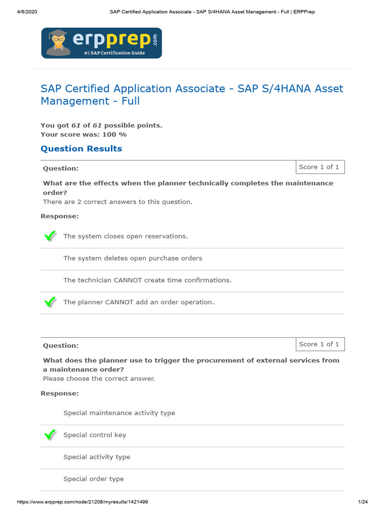 SAP Certified Application Associate - SAP S - 4HANA 4 Asset Management - Full - ERPPrep | PDF ...