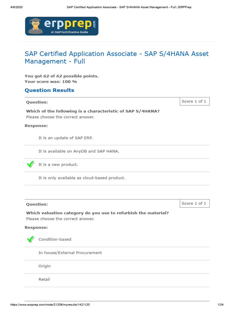 SAP Certified Application Associate - SAP S - 4HANA 5 Asset Management - Full - ERPPrep | PDF ...