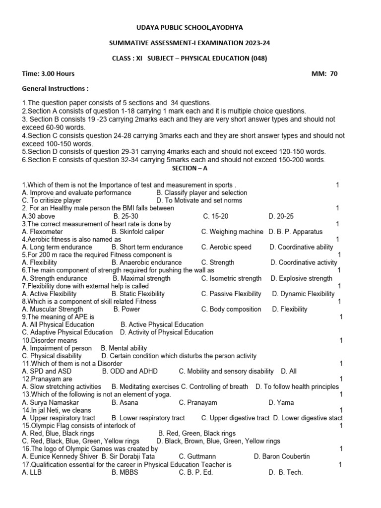 Class 11 Physical Education SA1 Paper | PDF | Physical Fitness ...