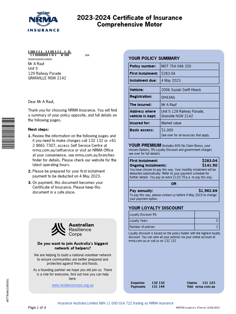 Nrma Certificate of Insurance Mot754046320 2023041301374763 1 | PDF | Debit Card | Vehicle Insurance