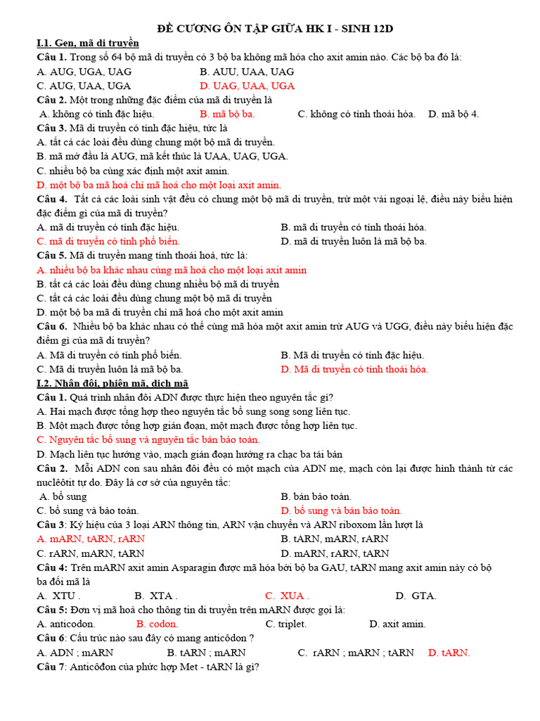 ĐỀ CƯƠNG 12 - HKI | PDF