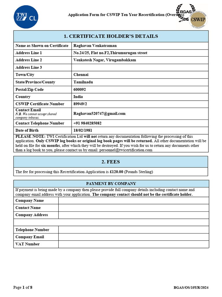 BGAS-CSWIP Application Form For 10 Year Recertification (Overseas) - v6 | PDF | Debit Card ...