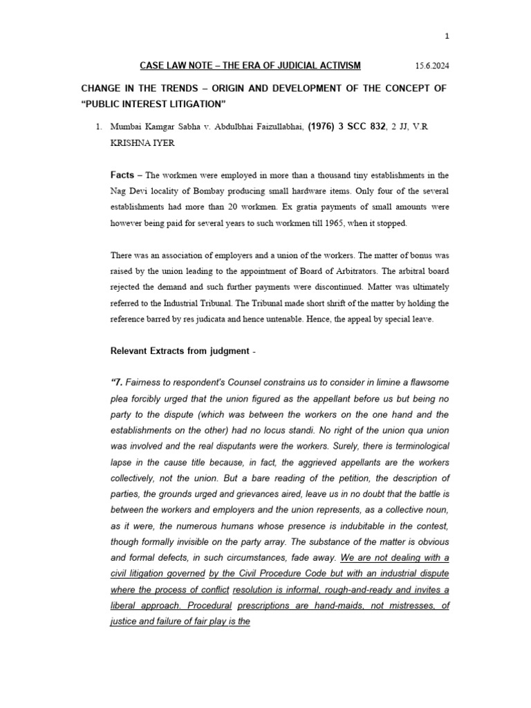 Case Law Note - The Era of Judicial Activism 15.6.2024 | PDF | Standing ...