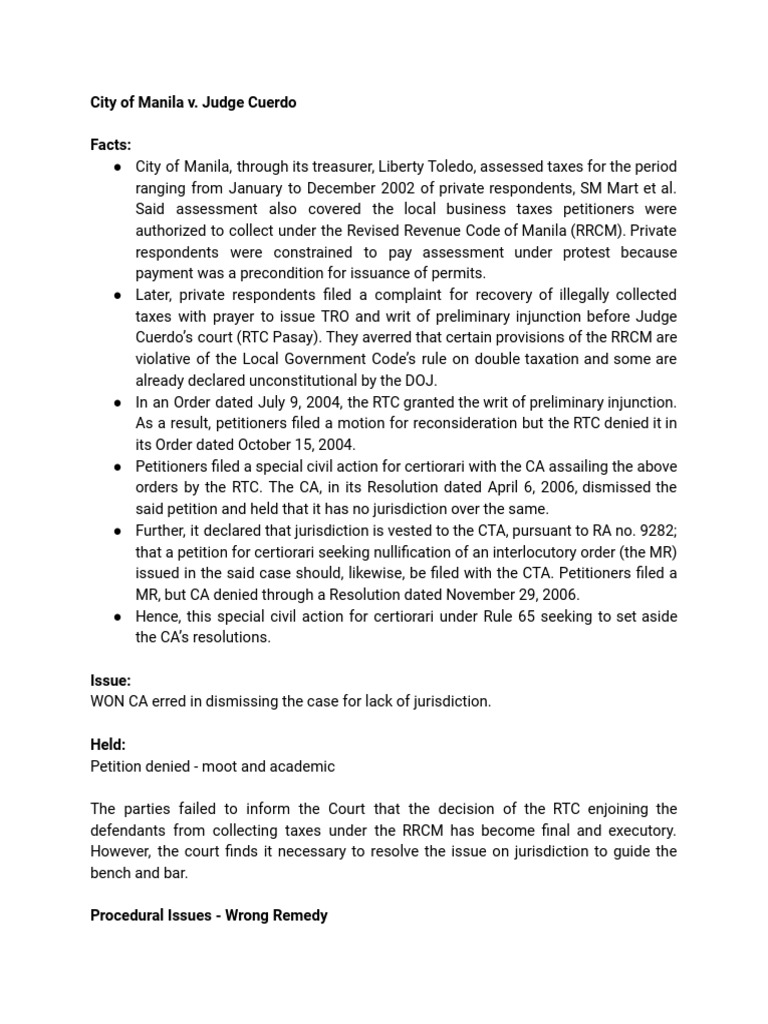 City of Manila v. Judge Cuerdo | PDF | Certiorari | Jurisdiction