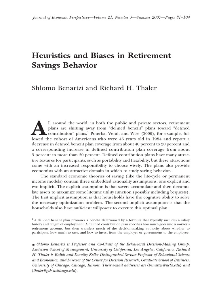 benartzi-thaler-2007-heuristics-and-biases-in-retirement-savings-behavior | PDF | Retirement ...