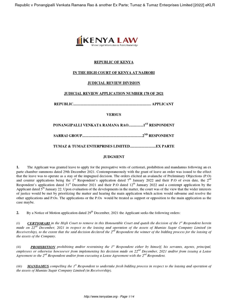Judicial Review Application 178 of 2021 | PDF | Certiorari | Ex Parte