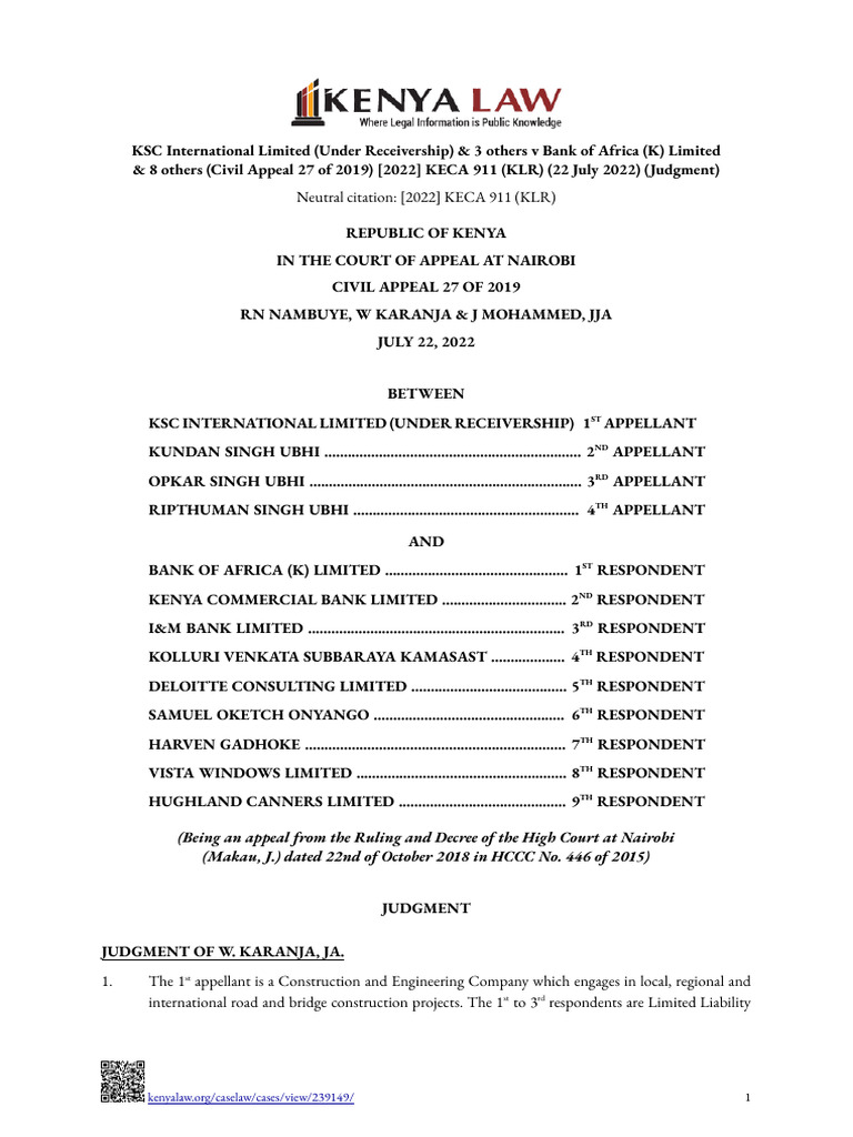 KSC International Limited (Under Receivership) & 3 Others V Bank of Africa (K) Limited & 8 ...