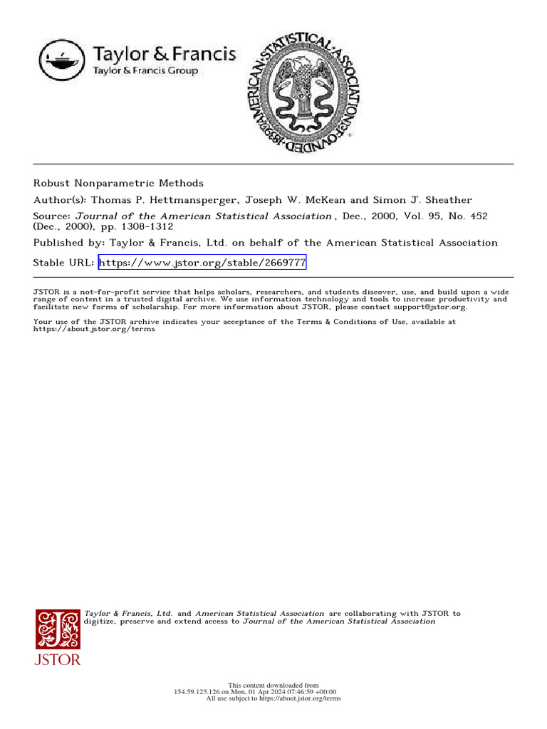 Hettmansperger RobustNonparametricMethods 2000 | PDF | Robust Statistics | Statistics