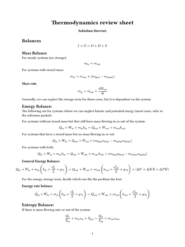 Thermodynamics Review Sheet-1 | PDF | Entropy | Enthalpy