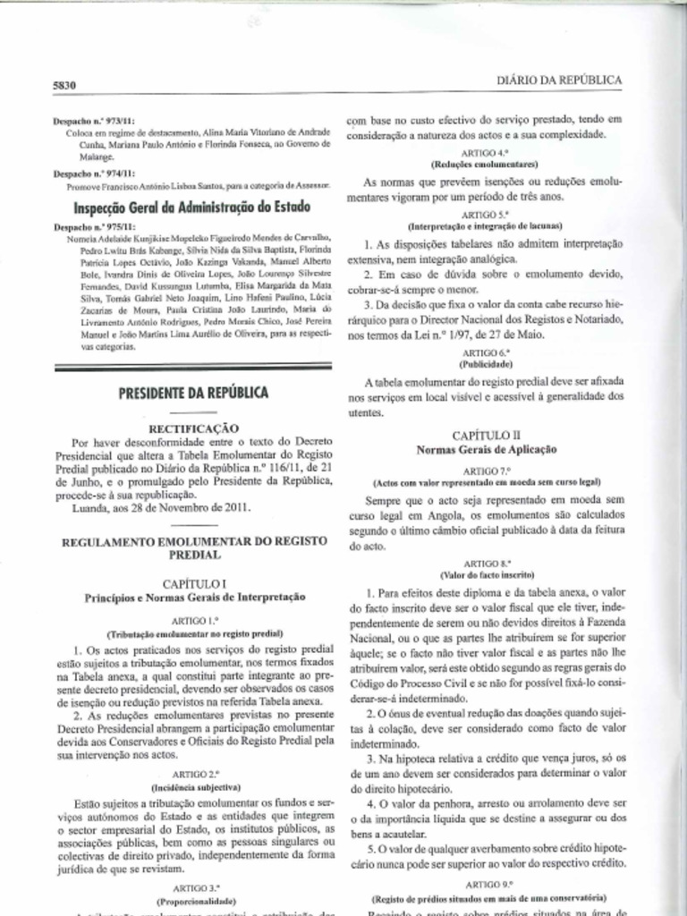 Tabela Emolumentar Do Registo Predial - Rectificação Ao Dec. 160 - 11 | PDF