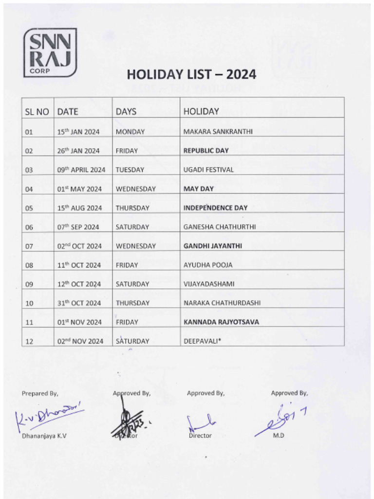 Holiday List 2024 | PDF