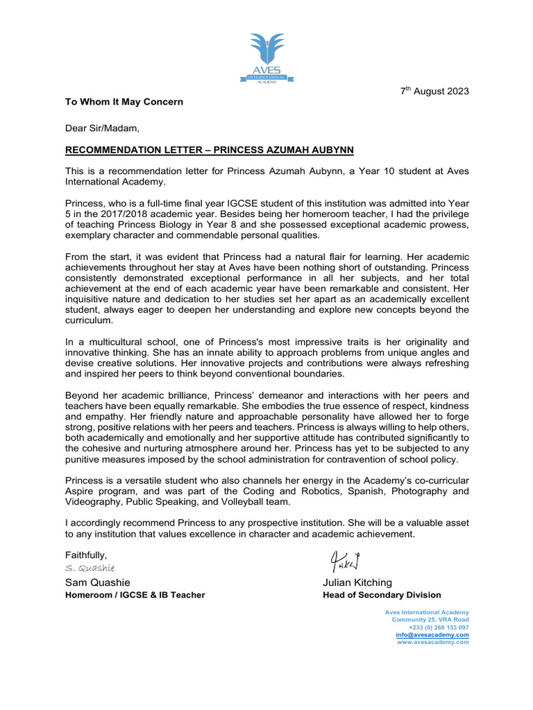 Recommendation Letter - Princess Aubynn | PDF | Behavior Modification | Psychology