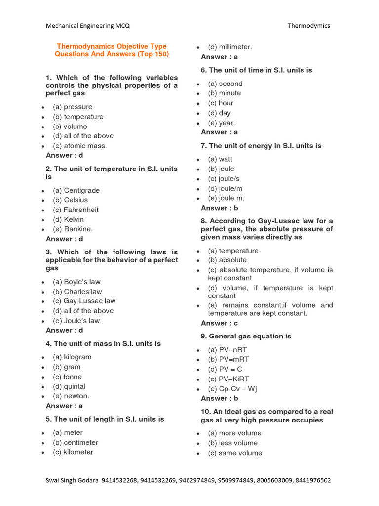 Thermodynamics MCQ 1800 MCQ With Answers | PDF | Heat | Temperature