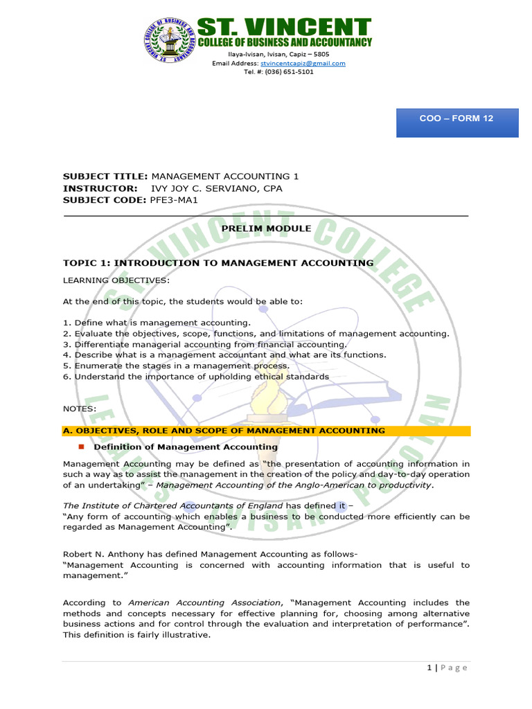 Serviano Pfe3 Ma1 Prelim - Module Ivisan Bsa - 3 - A | PDF | Management Accounting | Accountant