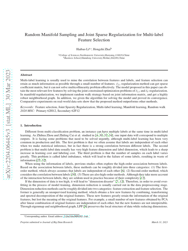 Random Manifold Sampling and Joint Sparse Regularization For Multi ...