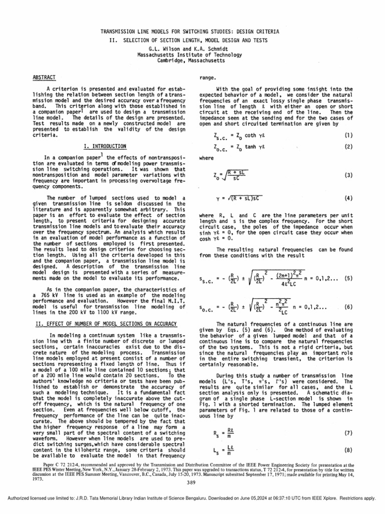 Transmission Line Models for Switching Studies Design Criteria II. Selection of Section Length ...