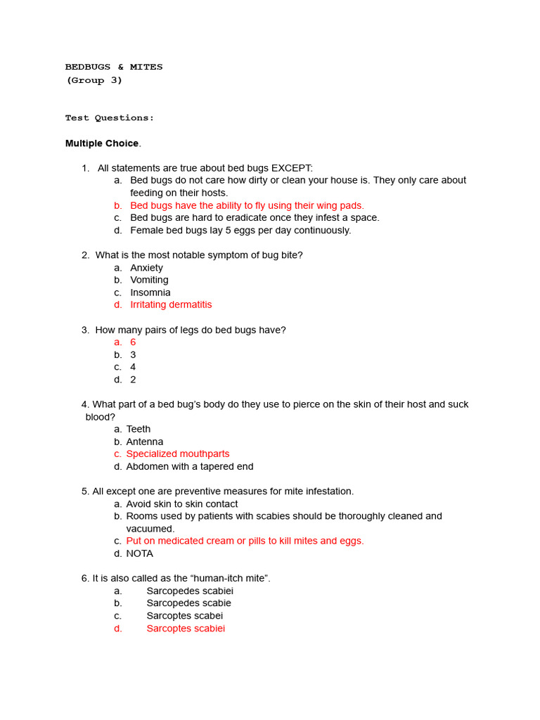 BEDBUGS & MITES Test Questions | PDF | Diseases And Disorders