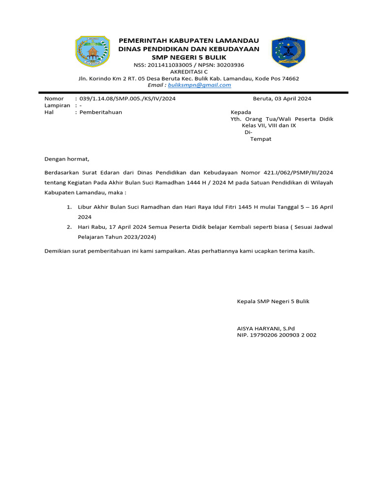 Surat Pemberitahuan Libur Puasa | PDF