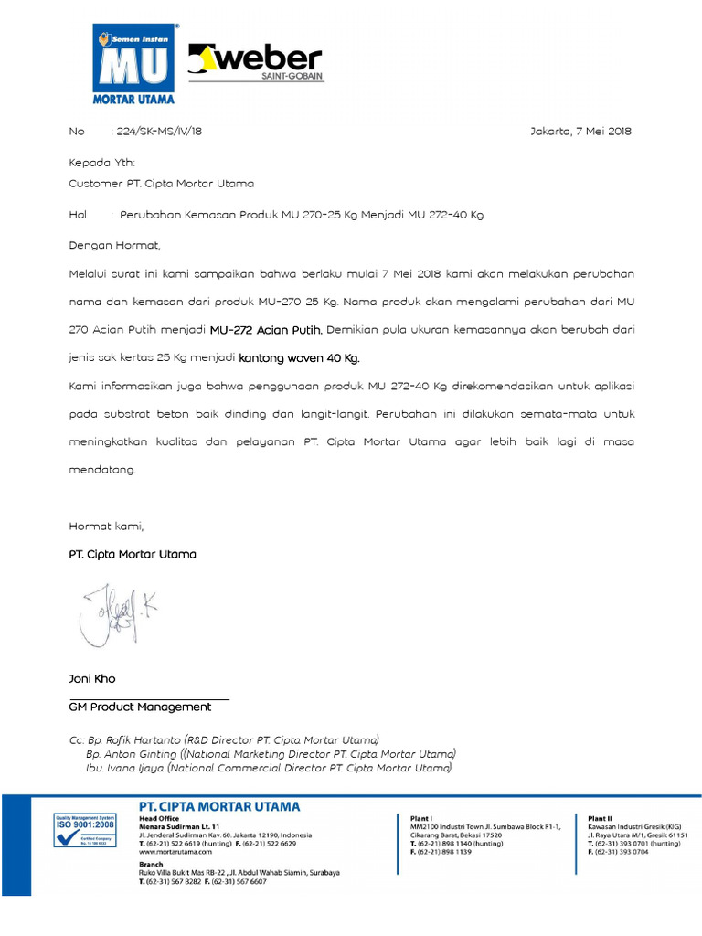 Surat Komunikasi Perubahan Kemasan MU 270 Menjadi MU 272 | PDF