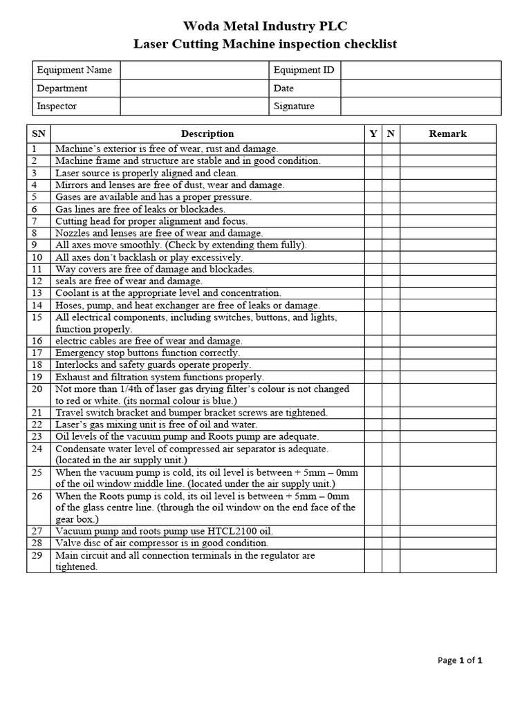 Laser Cutting Machine Inspection Checklist | PDF | Pump | Mechanical ... Laser Cutting Machine Inspection Checklist | PDF | Pump | Mechanical ...