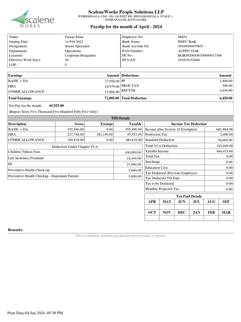 Payslip_Apr_2024 | Download Free PDF | Tax Deduction | Taxes
