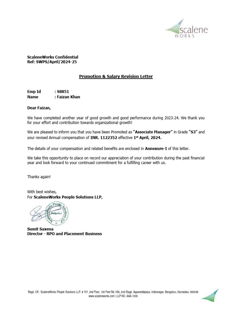 Promotion & Salary Revision Letter - Faizan Khan | PDF | Business ...