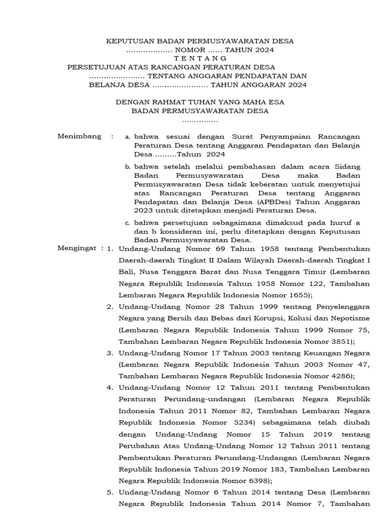 Format SK BPD Tentang Persetujuan Rancangan APBDes | PDF