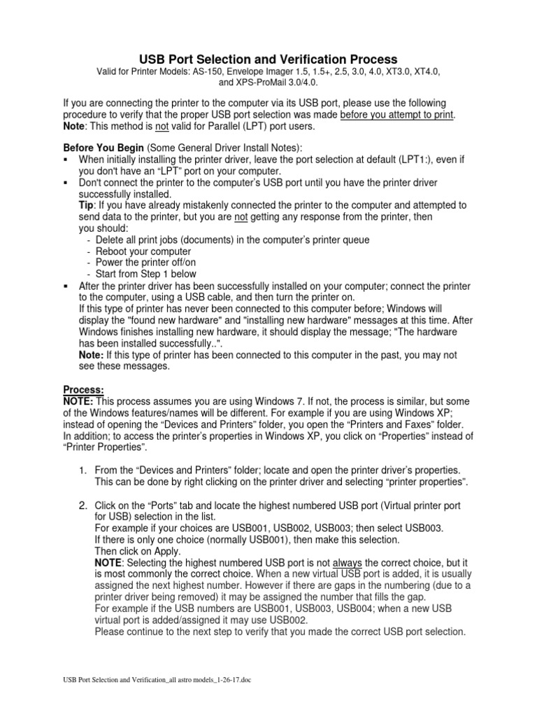 USB_Port_Selection_and_Verification_Rena_ models_1-26-17 | PDF | Device Driver | Printer (Computing)