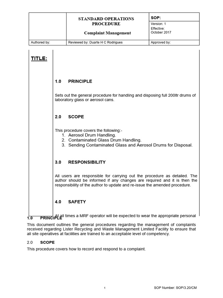 SOP - 3.20 Complaint Management | PDF | Laboratories | Waste Management