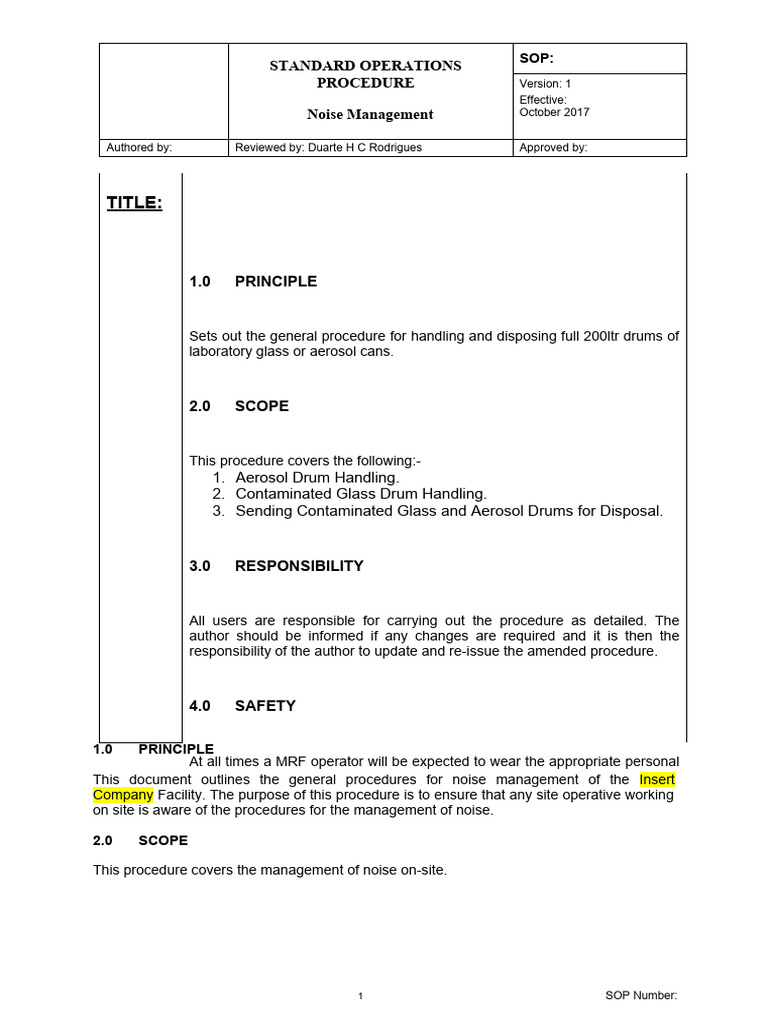 Noise Management SOP for Drum Disposal | PDF | Laboratories | Safety