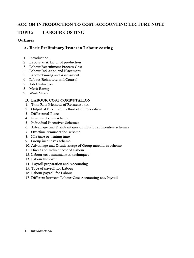 Acc 104 Lecture Note | PDF | Labour Economics | Piece Work