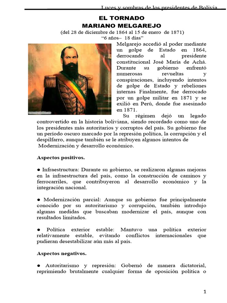 Mariano Melgarejo | PDF | Bolivia | Autoritarismo