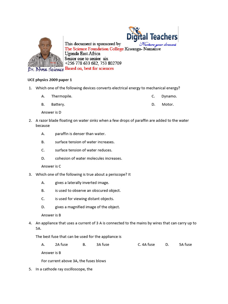 UCE Physics 2009 Paper 1 Guide | PDF | Force | Neutron