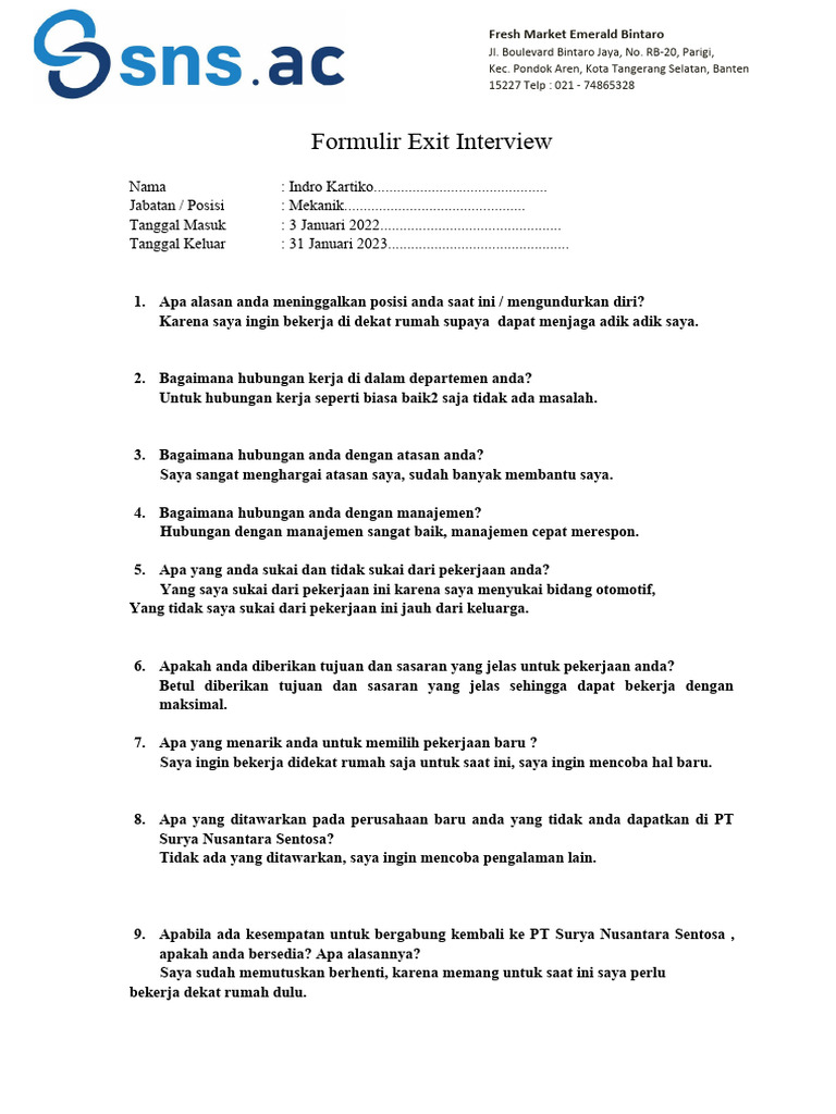 Formulir Exit Interview | PDF | Bisnis | Pengelolaan Keuangan & Uang