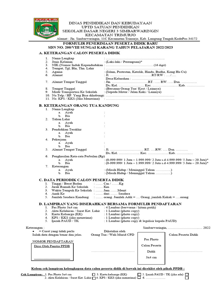 Formulir Pendaftaran Siswa-Siswi Baru SDN 3 Simbarwaringin | PDF | Olahraga & Rekreasi | Kajian ...