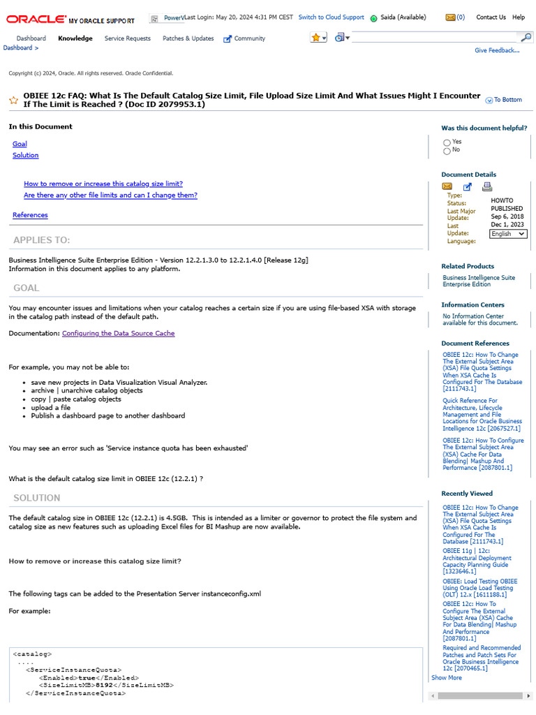 OBIEE 12c FAQ What Is The Default Catalog Size Limit File Upload Size Limit and What Issues ...