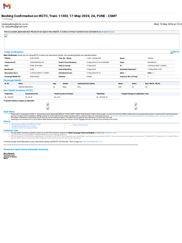 Gmail - Booking Confirmation On IRCTC, Train - 11302, 17-May-2024, 2A, PUNE - CSMT | PDF ...