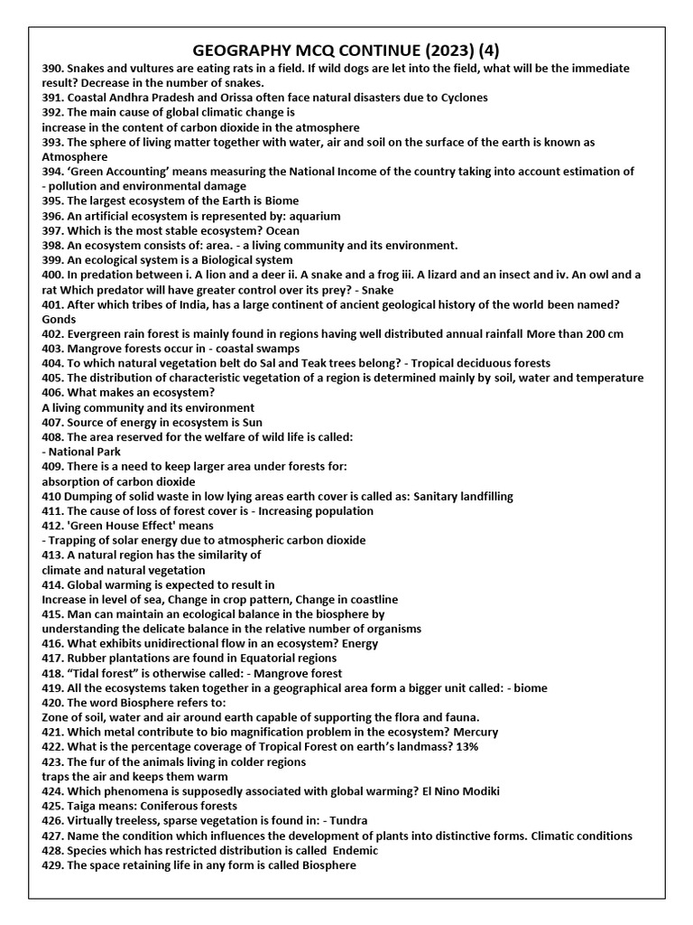 Geography MCQ Continue | PDF | Ecosystem | Contour Line