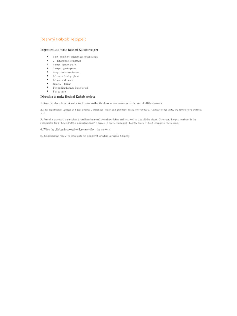 Reshmi Kebab Recipe | PDF