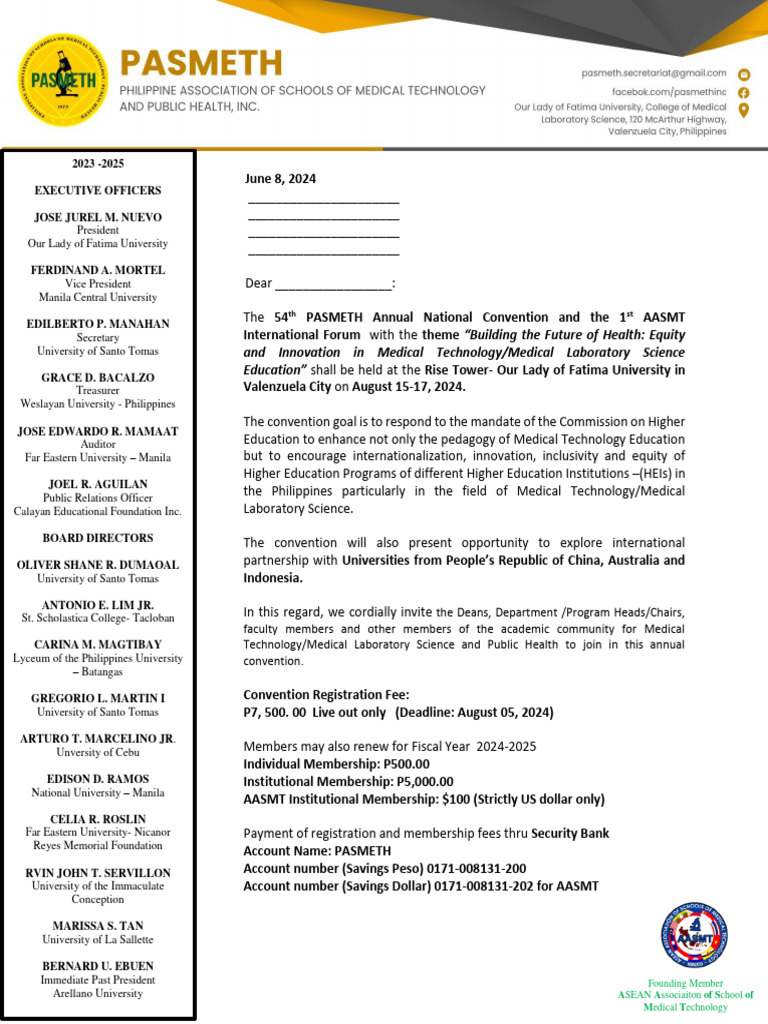 LOI-54TH-PASMETH-ANNUAL-CONVENTION-AND-AASMT-FORUM-2024 | PDF | Manila