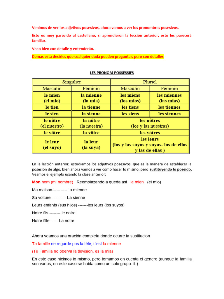 leccion 10 LES PRONOM POSSESSIFS | Descargar gratis PDF | Lingüística