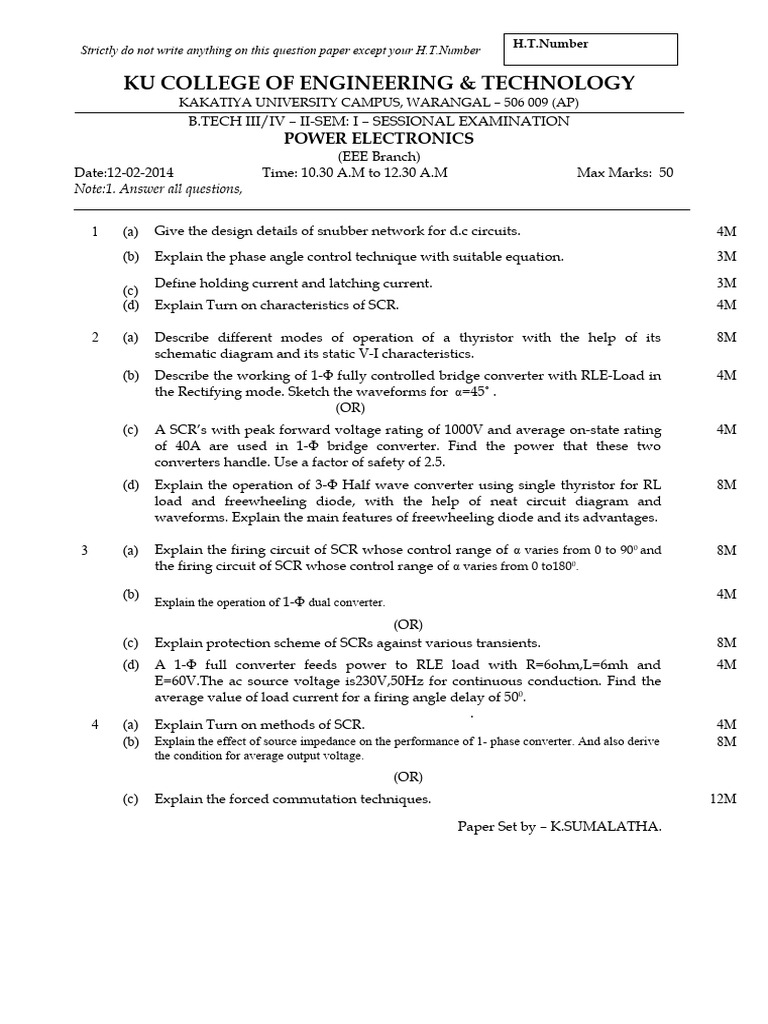 Power Electronics Exam Paper - B.Tech | PDF | Power Electronics | Electrical Circuits