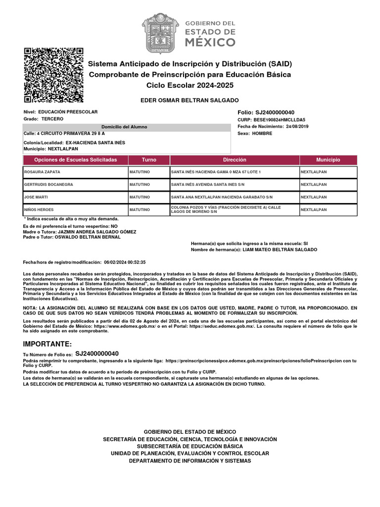 Preinscripción Preescolar 2024-2025 | PDF | Educación de la primera infancia