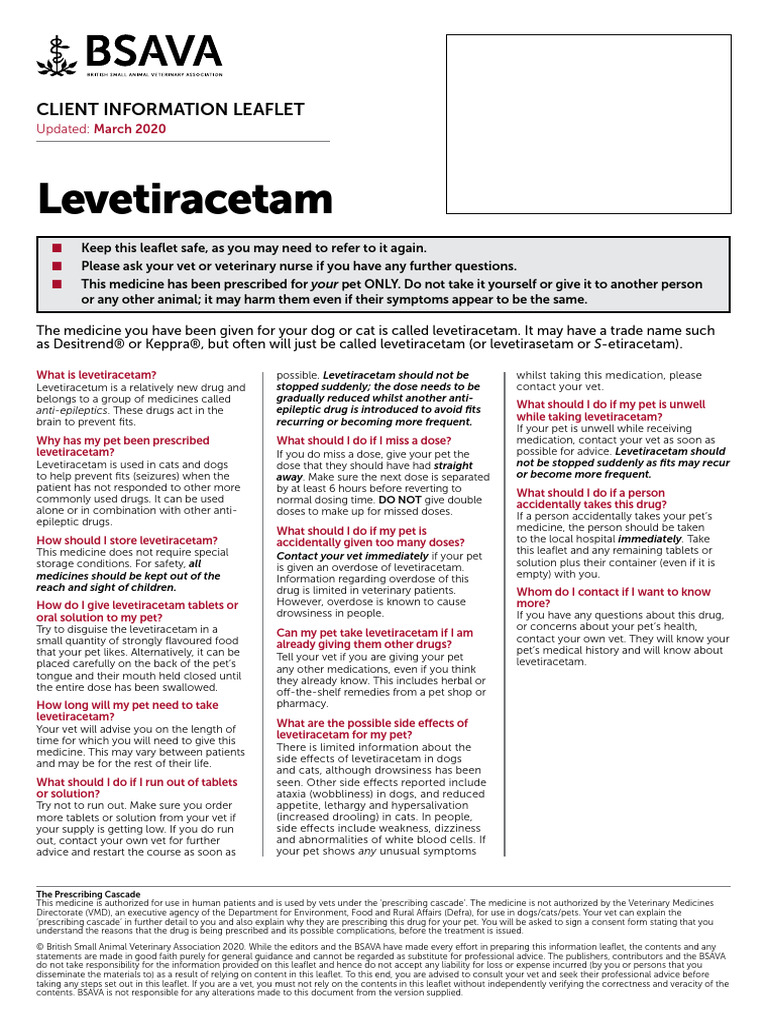 Levetiracetam Client Information Sheet - British Small Animal Veterinary Association | PDF ...