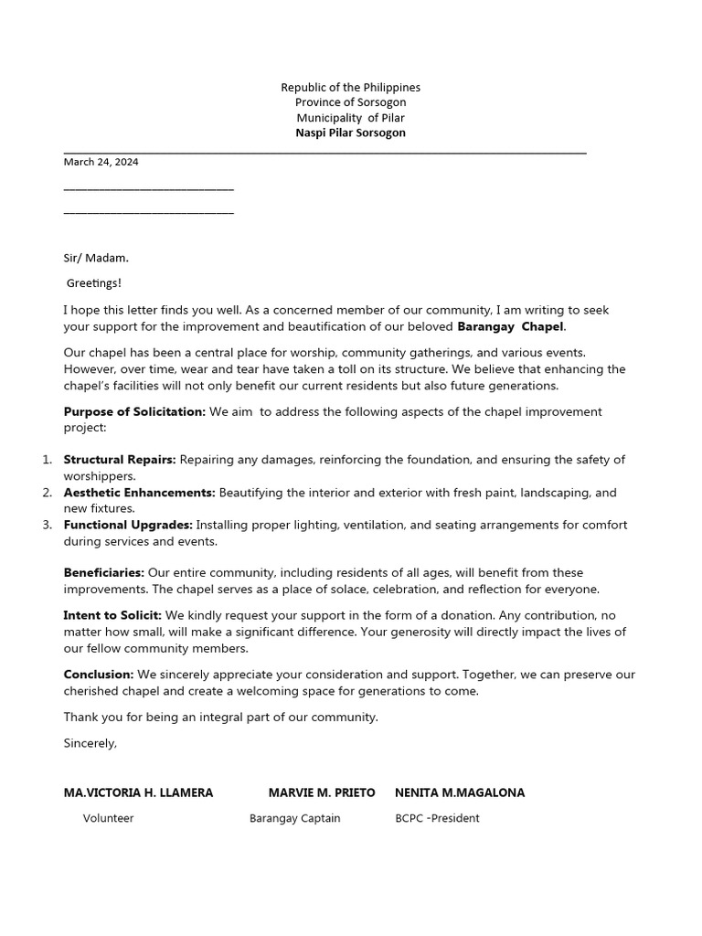 Solicitation Letter For Barangay | PDF