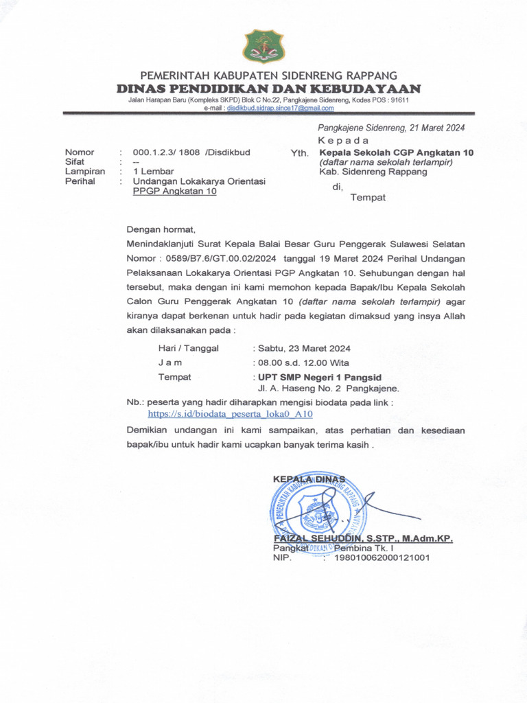 Undangan Loka Orientasi - Kepsek - CGP 10 | PDF